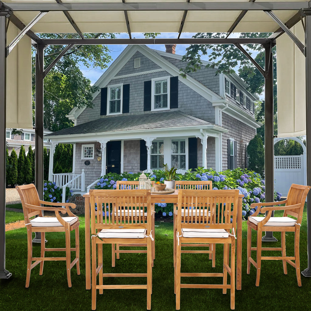 7 Piece Teak Wood Castle 71" Rectangular Large Bistro Bar Set with 6 B ...