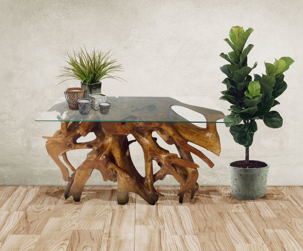 Teak Wood Root Console Table with Glass Top, 48 inches – La Place USA ...