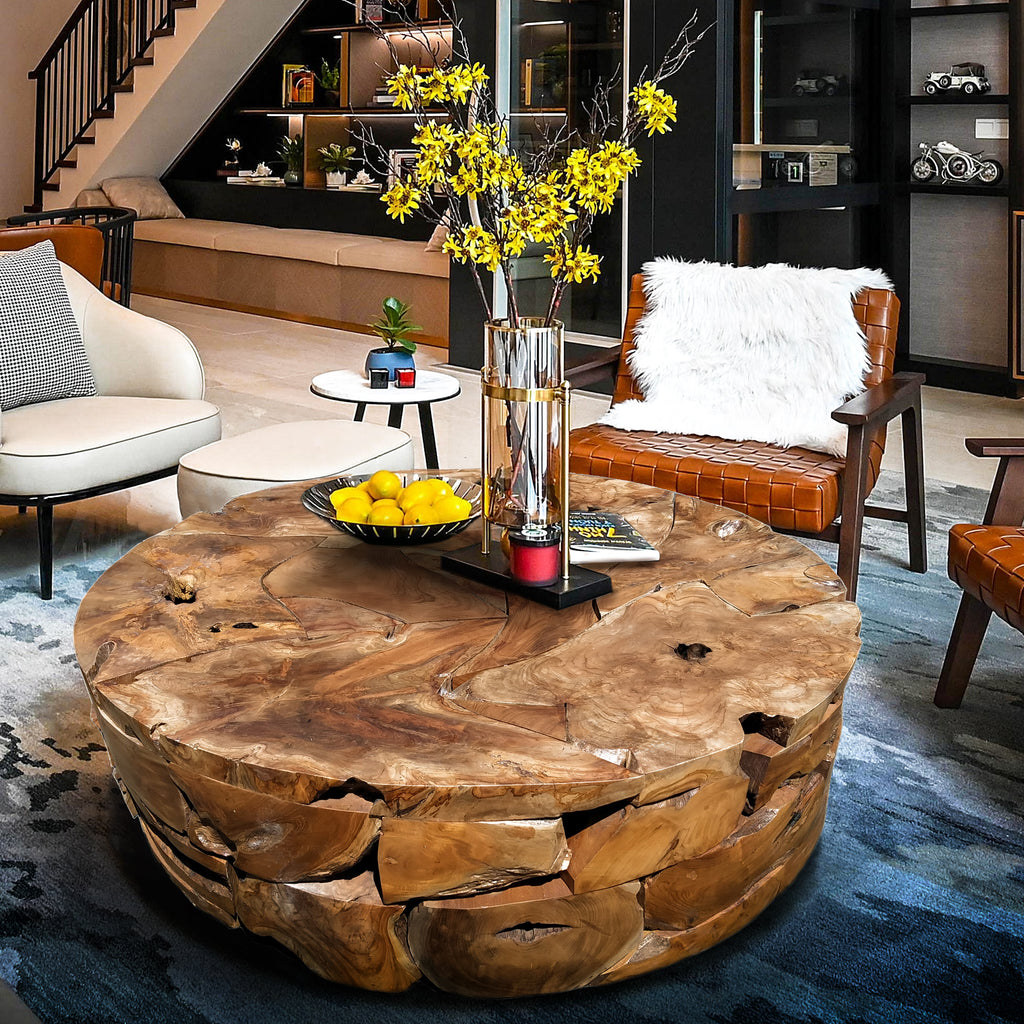 Recycled Teak Wood Round Akar Coffee Table, 47 Inch – La Place USA ...