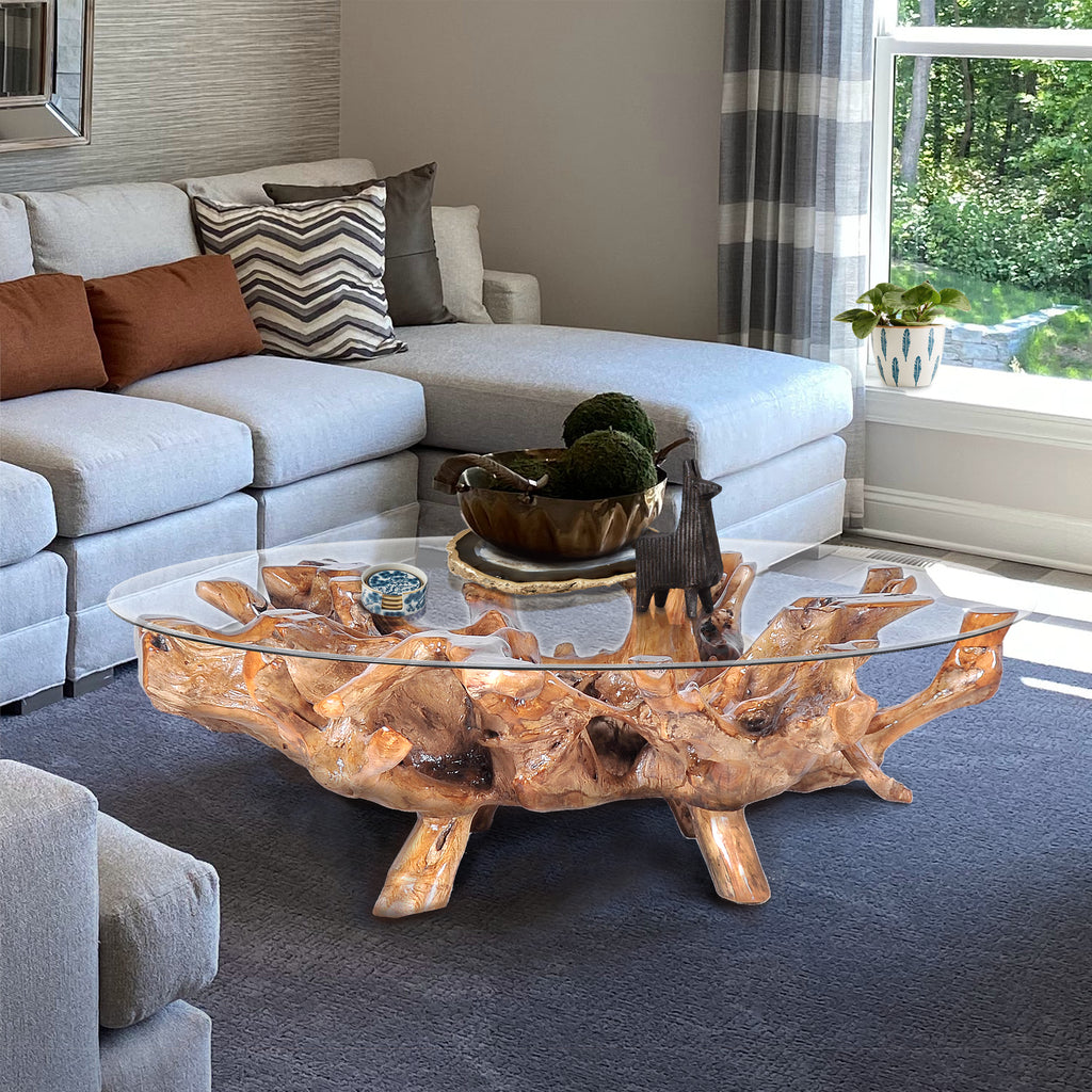 Teak Wood Root Coffee Table including a 63" Round Glass Top – La Place ...