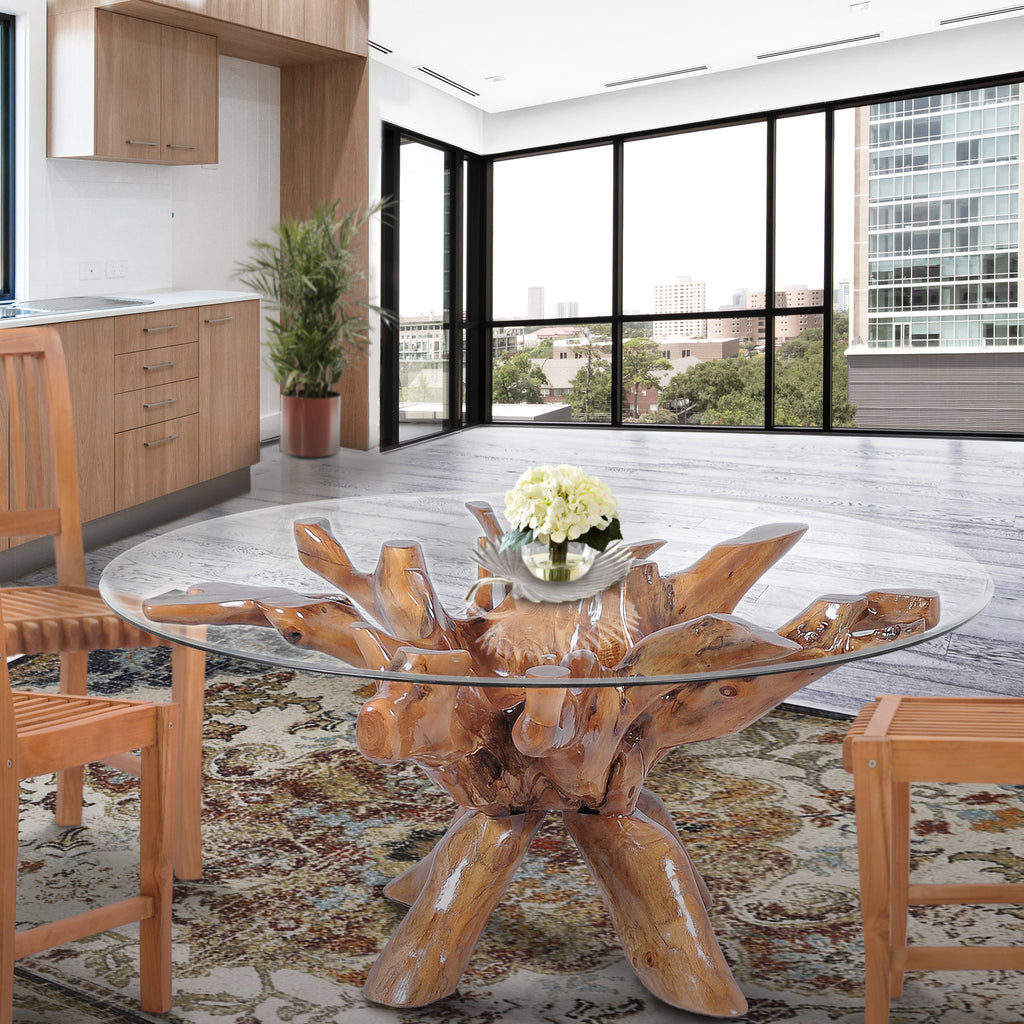 Teak Wood Root Dining Table Including 55 Inch Round Glass Top – La ...