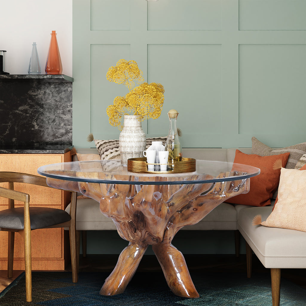 Teak Wood Root Dining Table Including 55 Inch Round Glass Top – La ...