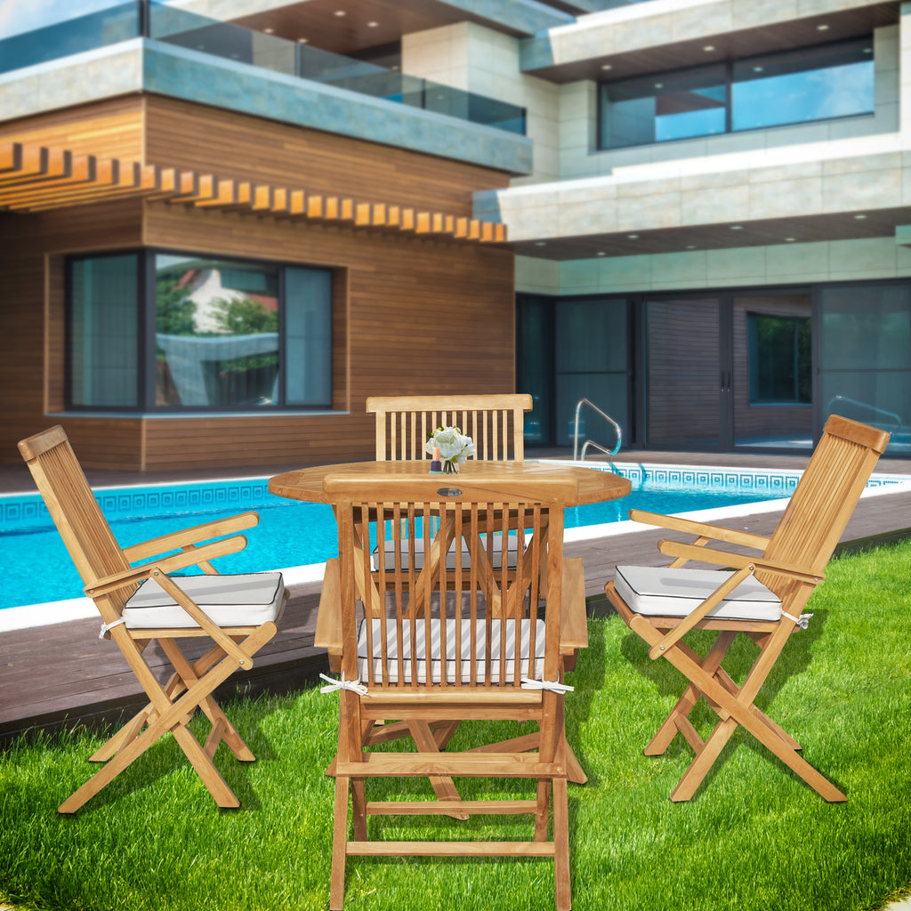 5 Piece Teak Wood California Dining Set with 47" Round Folding Table a ...